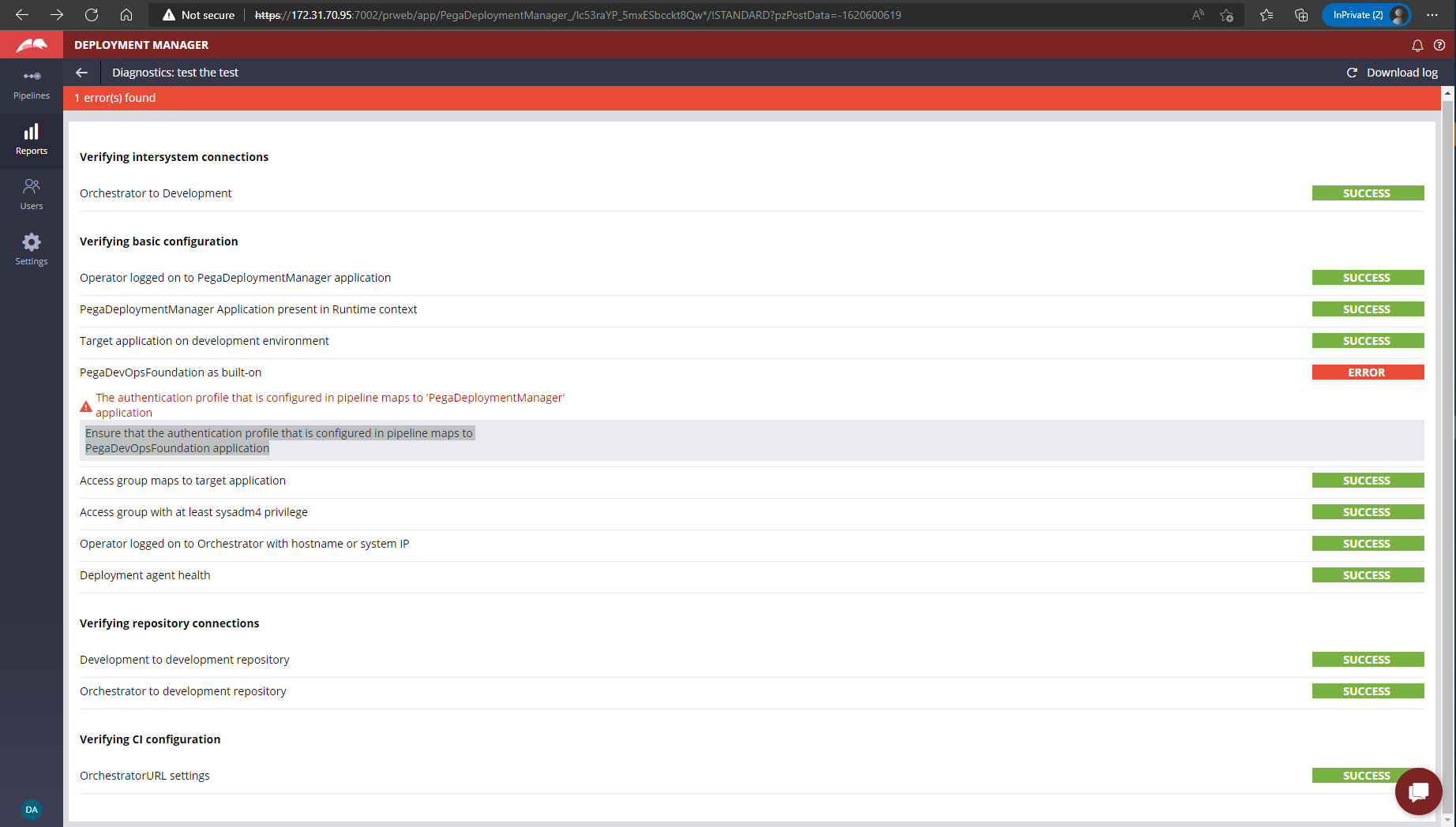 The authentication profile that is configured in pipeline maps to 'PegaDeploymentManager ...